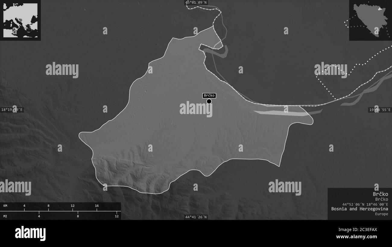 Brčko, district of Bosnia and Herzegovina. Grayscaled map with lakes ...