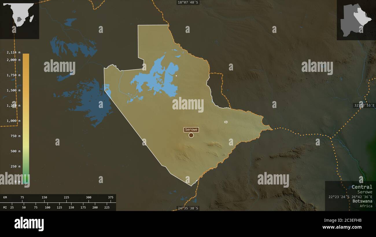 Central, district of Botswana. Colored shader data with lakes and ...