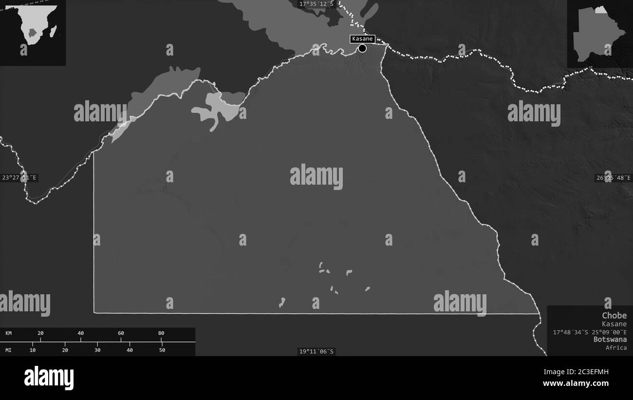 Chobe, district of Botswana. Grayscaled map with lakes and rivers ...