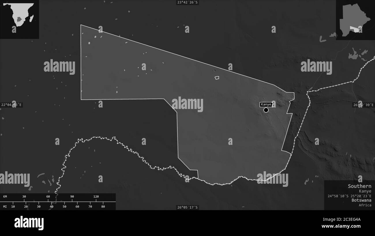 Southern, district of Botswana. Grayscaled map with lakes and rivers ...