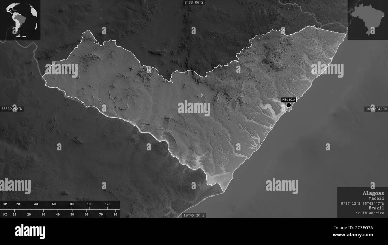 Alagoas, state of Brazil. Grayscaled map with lakes and rivers. Shape ...
