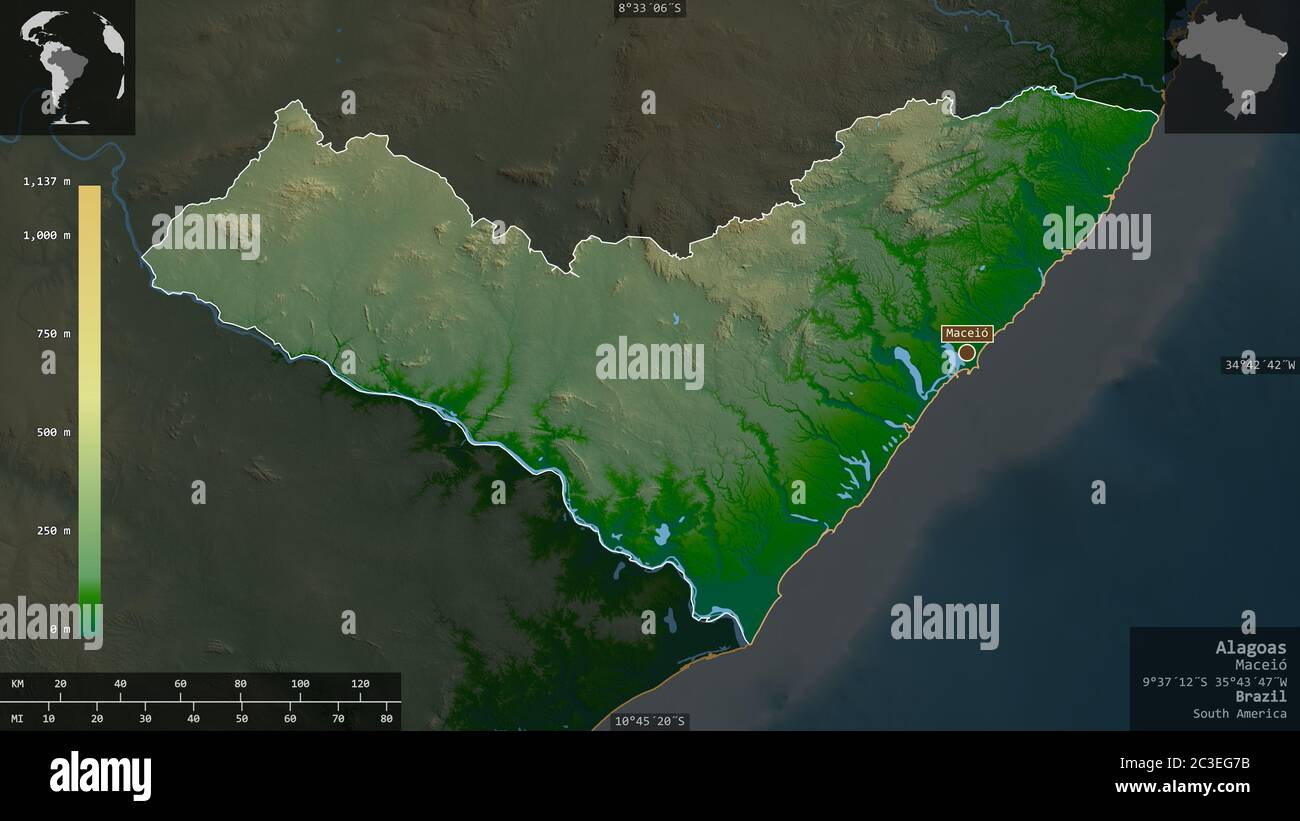 Alagoas, state of Brazil. Colored shader data with lakes and rivers ...