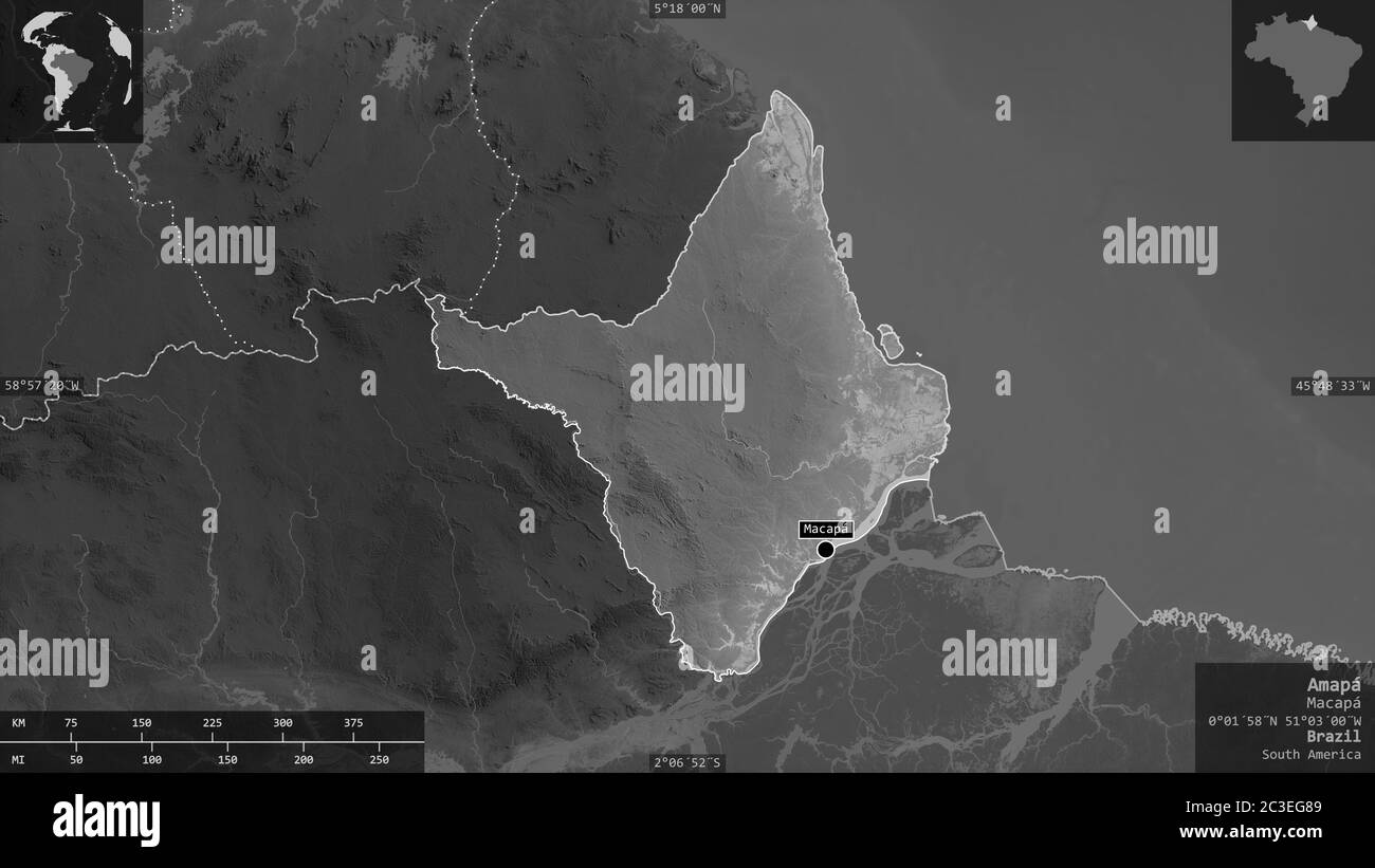 Amapá, state of Brazil. Grayscaled map with lakes and rivers. Shape ...