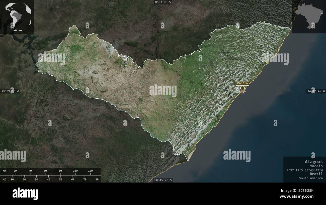 Alagoas, state of Brazil. Satellite imagery. Shape presented against ...