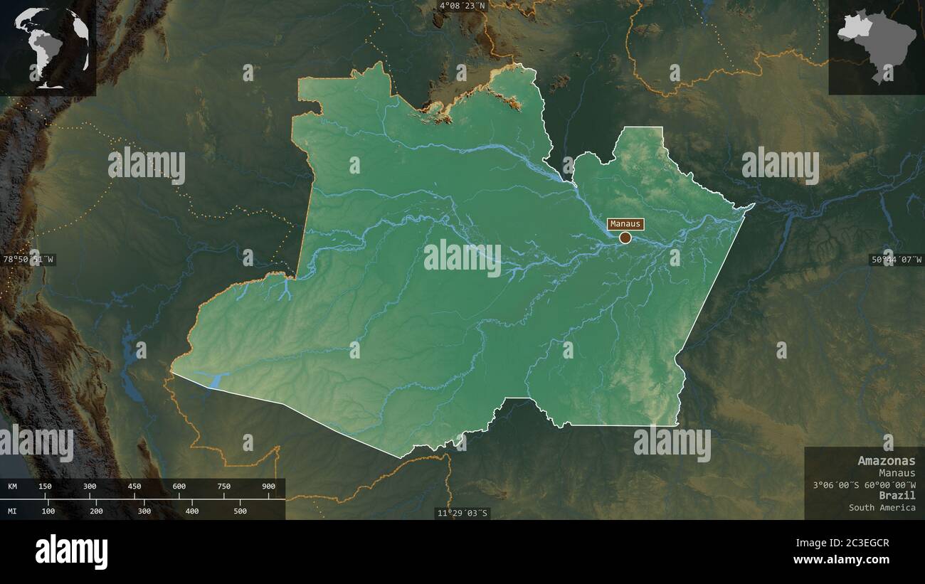 Amazonas, state of Brazil. Colored relief with lakes and rivers. Shape ...