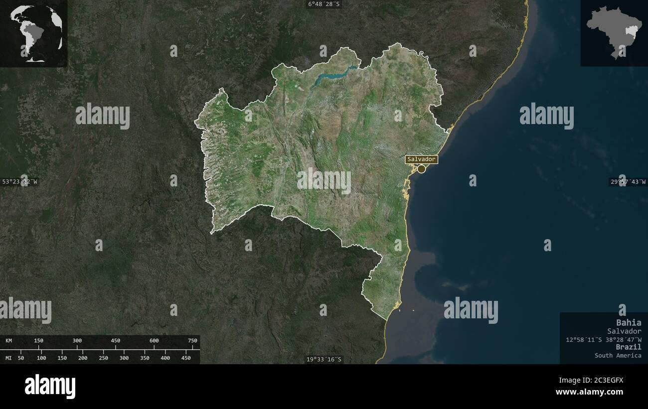 Bahia, state of Brazil. Satellite imagery. Shape presented against its ...