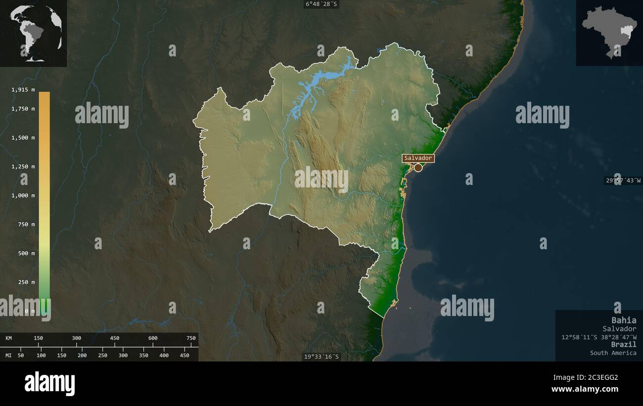 Bahia, state of Brazil. Colored shader data with lakes and rivers ...