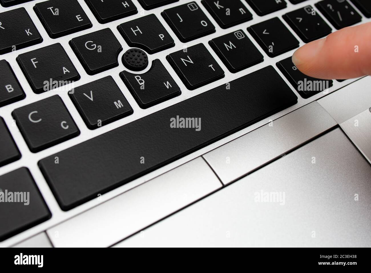 Pc keyboard key with pointing finger above background copy space Stock ...
