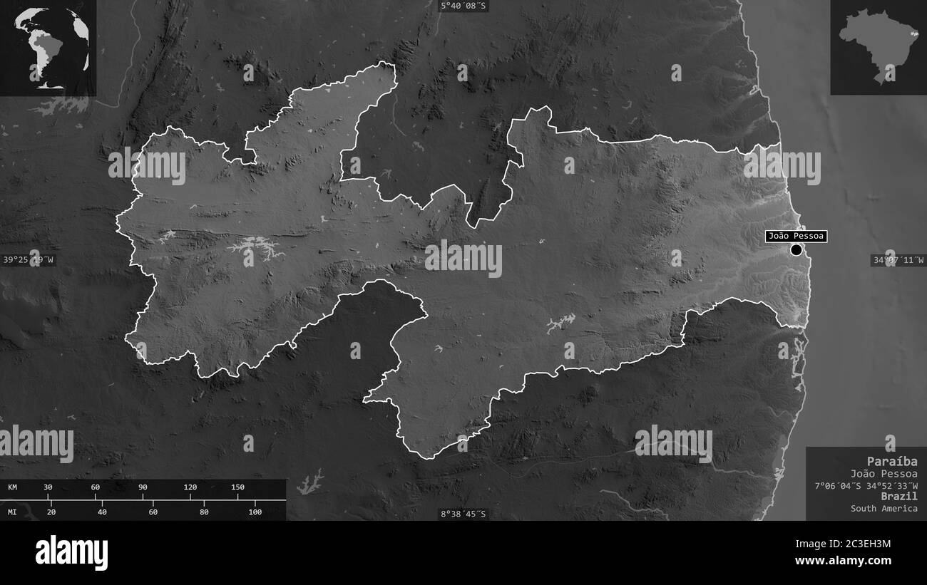 Paraíba, state of Brazil. Grayscaled map with lakes and rivers. Shape ...