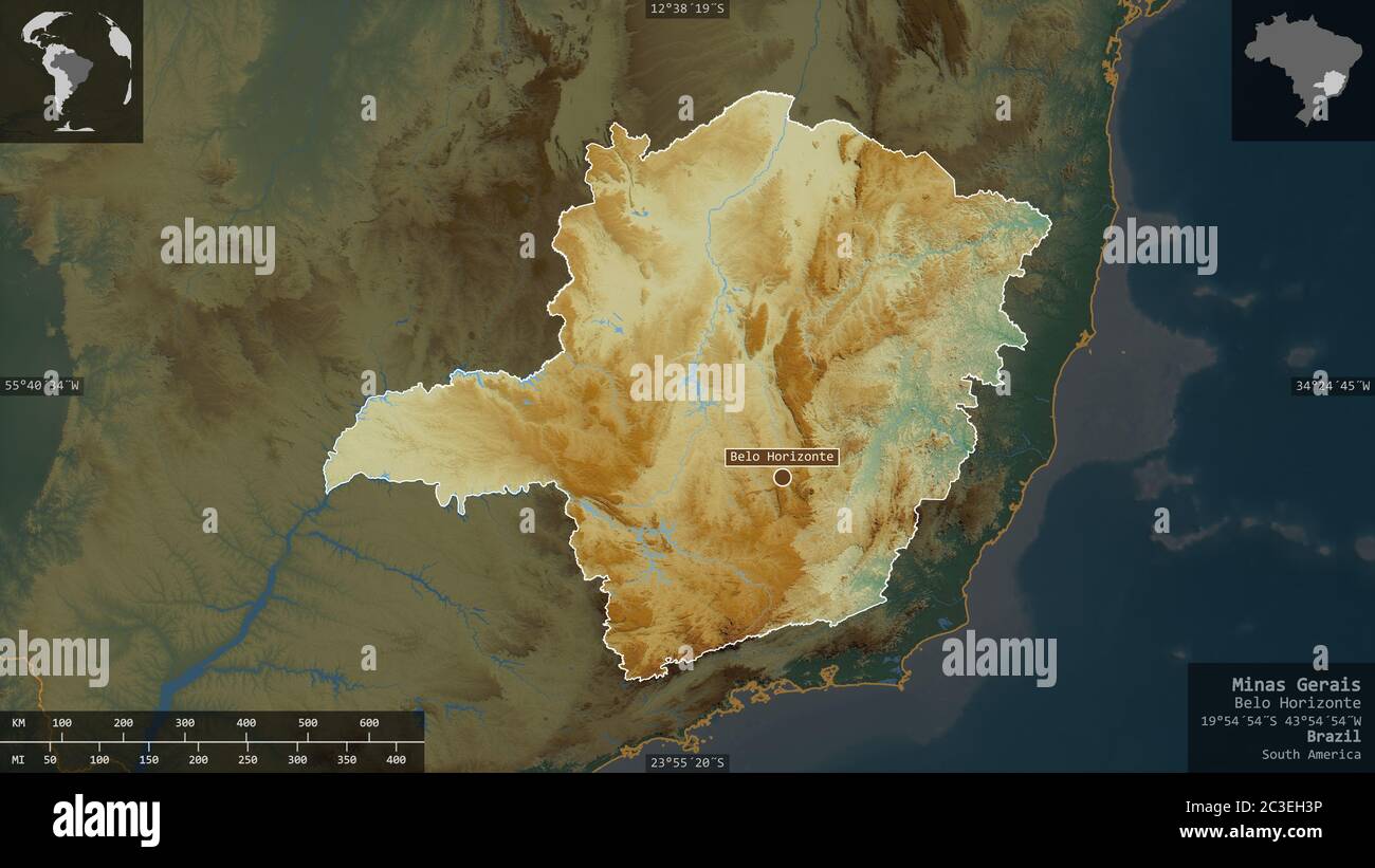 Minas Gerais, state of Brazil. Colored relief with lakes and rivers ...