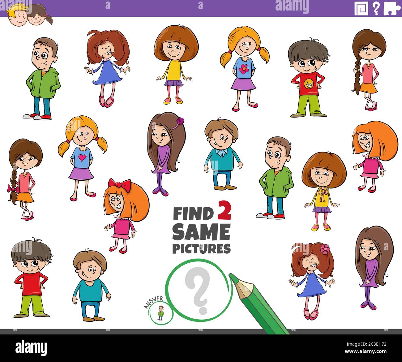 find two same kid characters task Stock Photo - Alamy