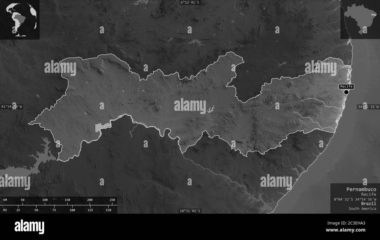 Pernambuco, state of Brazil. Grayscaled map with lakes and rivers ...