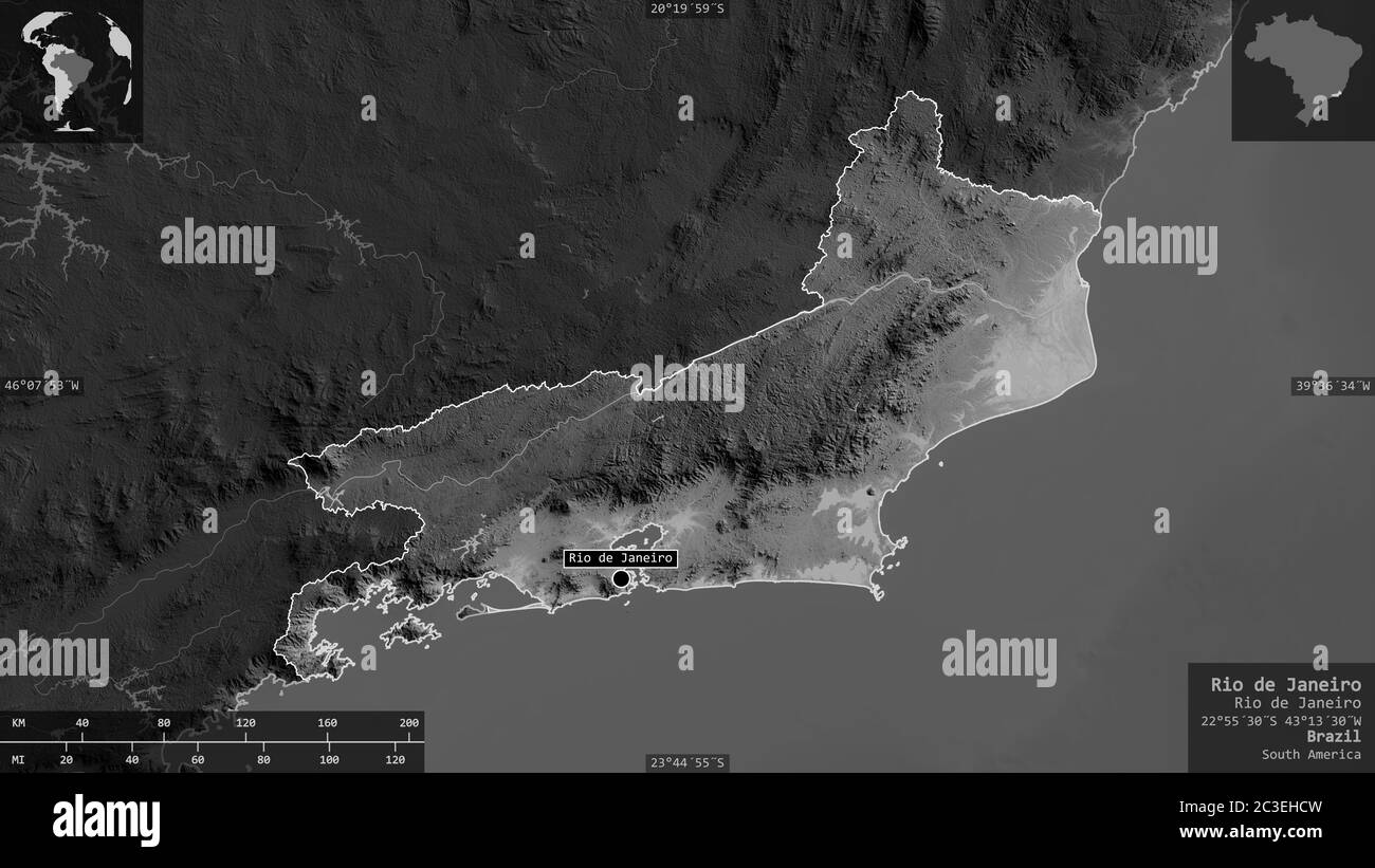 Rio de Janeiro, state of Brazil. Grayscaled map with lakes and rivers ...
