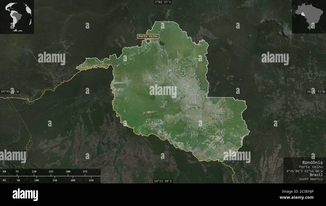 Rondônia, state of Brazil. Satellite imagery. Shape presented against ...
