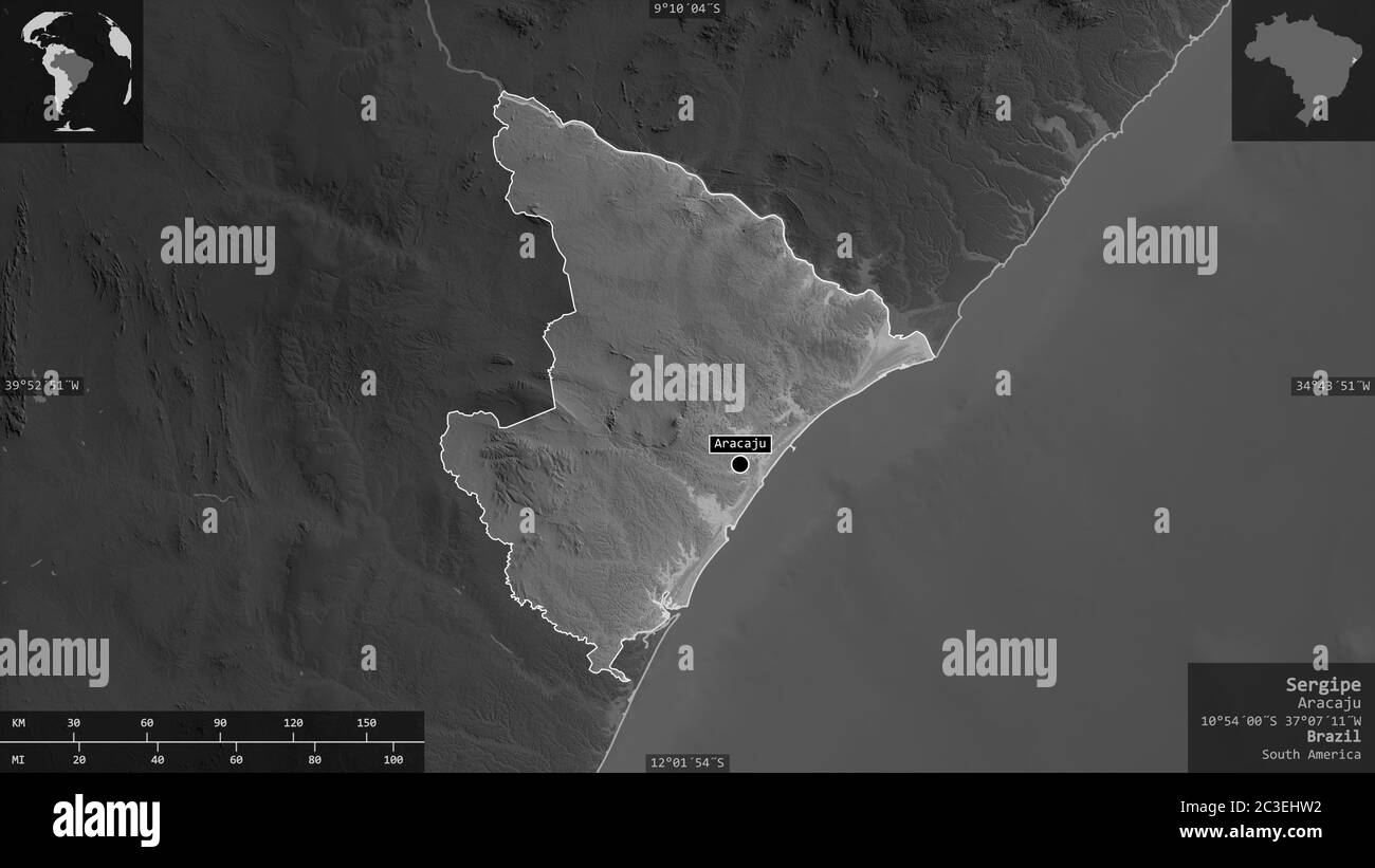 Sergipe, state of Brazil. Grayscaled map with lakes and rivers. Shape ...