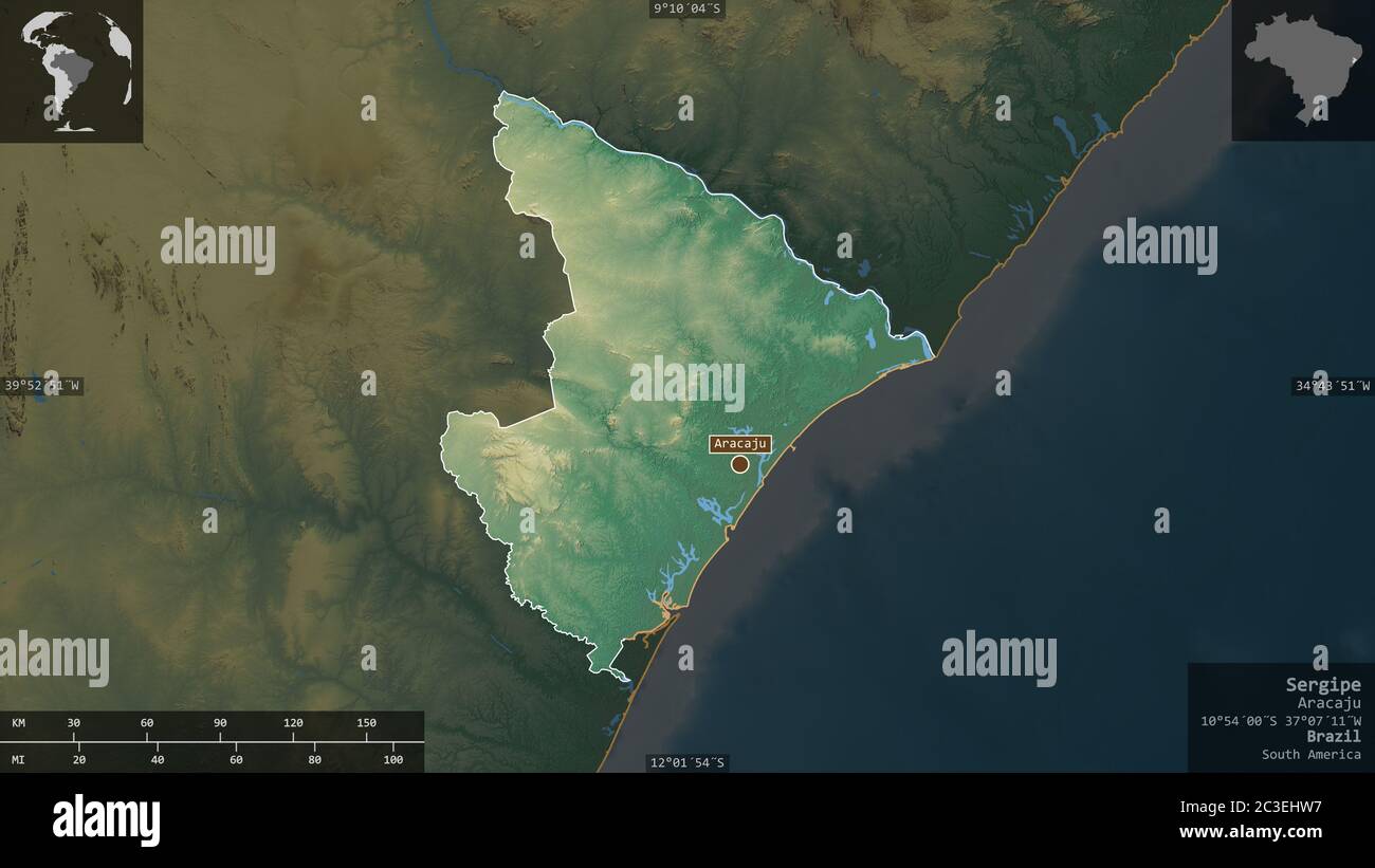 Sergipe, state of Brazil. Colored relief with lakes and rivers. Shape ...