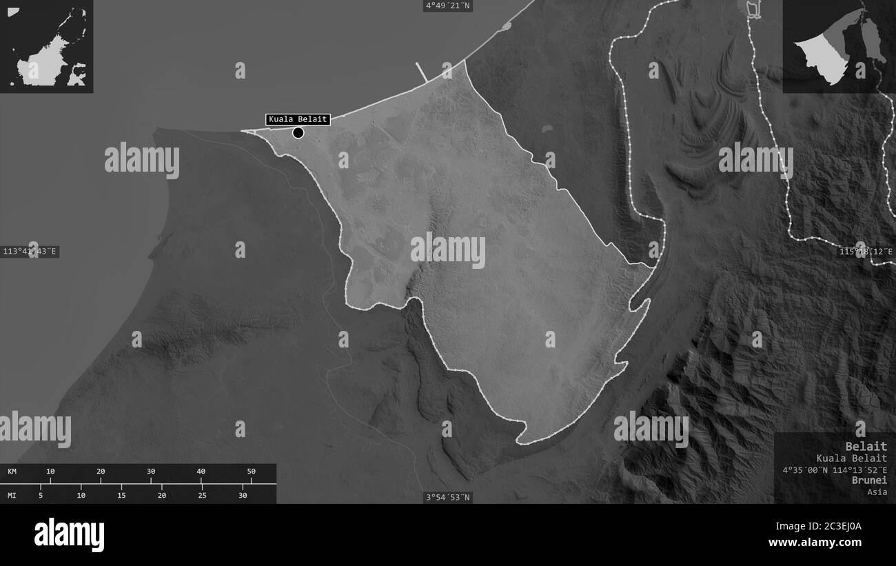 Belait, district of Brunei. Grayscaled map with lakes and rivers. Shape ...