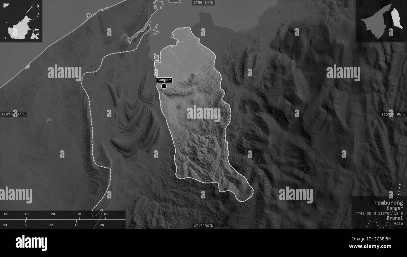 Temburong, district of Brunei. Grayscaled map with lakes and rivers ...