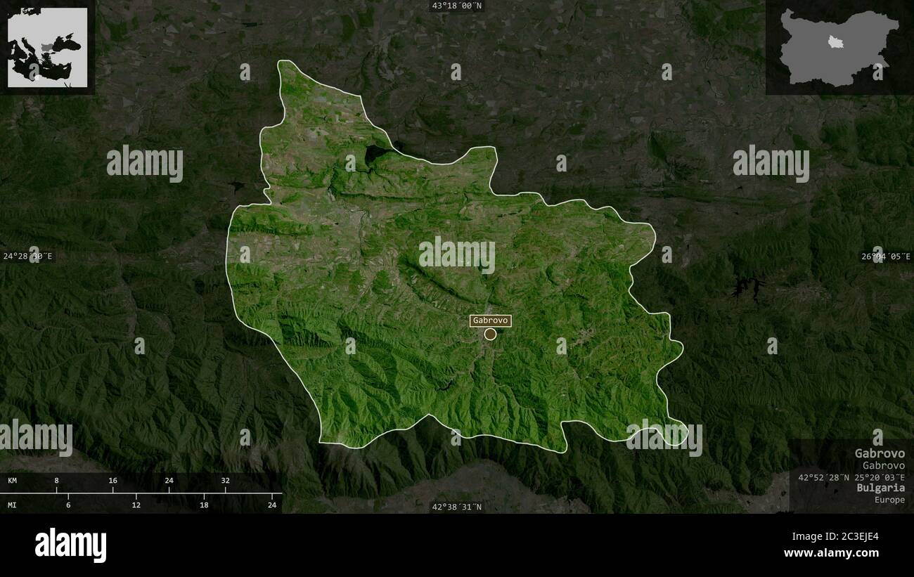 Gabrovo, province of Bulgaria. Satellite imagery. Shape presented ...