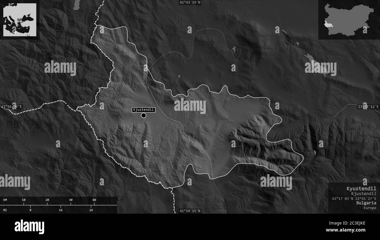 Kyustendil, province of Bulgaria. Grayscaled map with lakes and rivers ...