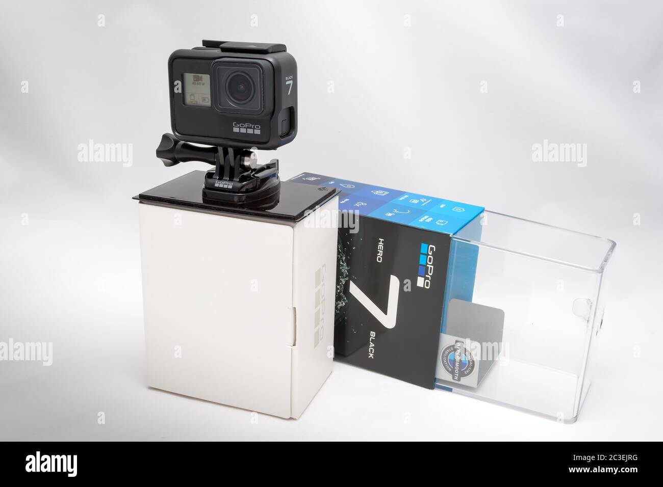 Moscow. November 2018. GoPro HERO 7 Black in original packaging front ...