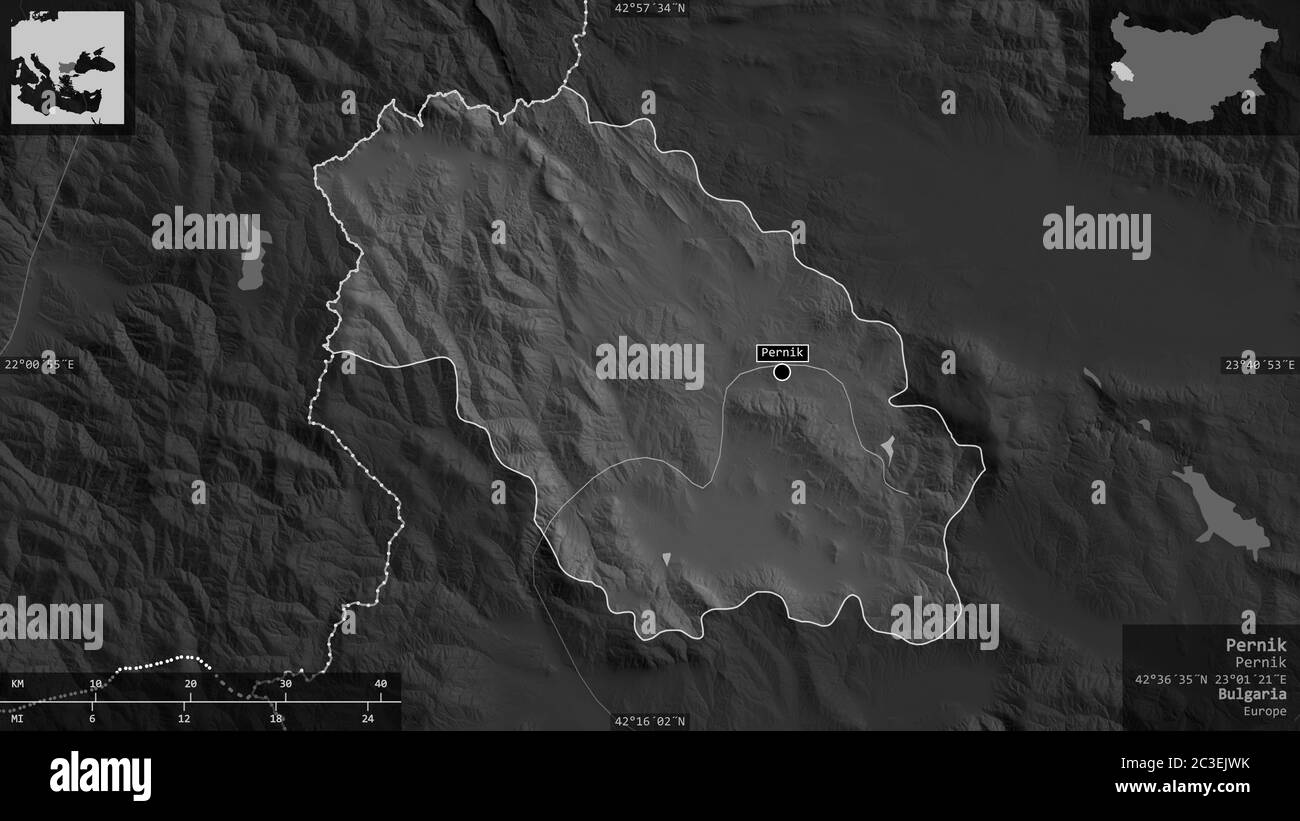 Pernik, province of Bulgaria. Grayscaled map with lakes and rivers ...