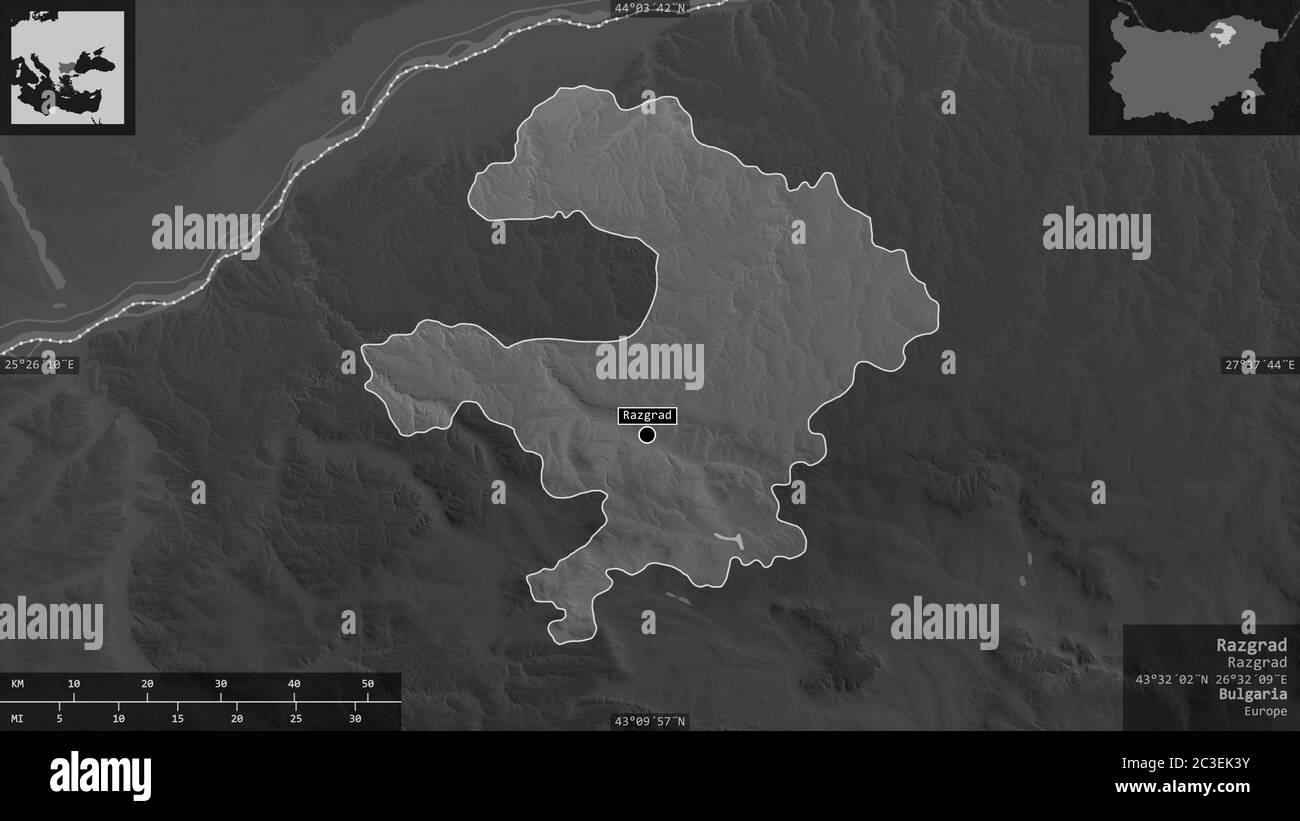 Razgrad, province of Bulgaria. Grayscaled map with lakes and rivers ...