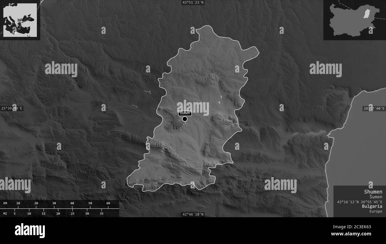 Shumen, province of Bulgaria. Grayscaled map with lakes and rivers ...