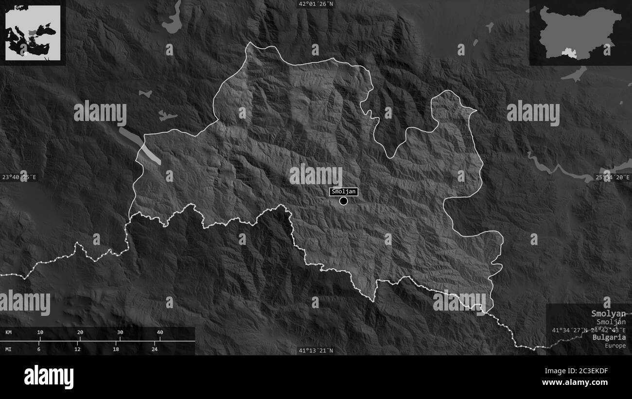 Smolyan, province of Bulgaria. Grayscaled map with lakes and rivers ...