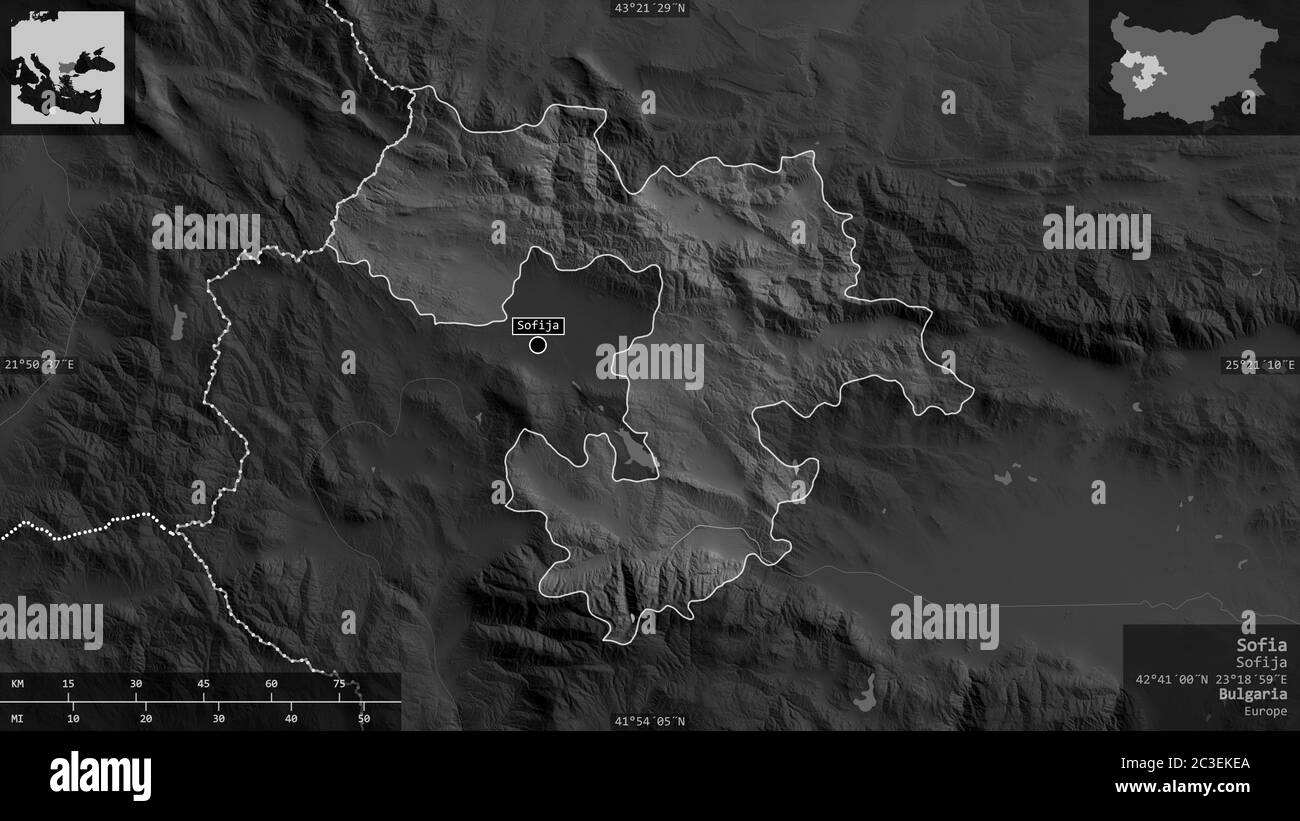 Sofia, province of Bulgaria. Grayscaled map with lakes and rivers ...