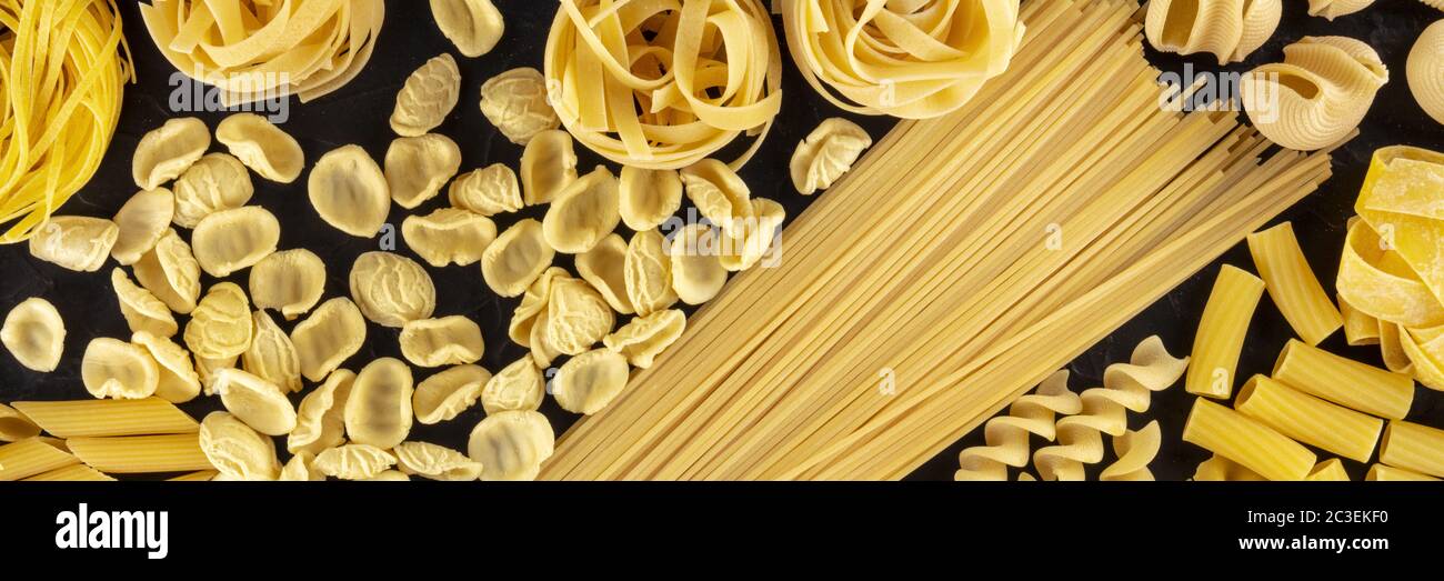 Italian pasta, a flat lay panoramic overhead shot of many different ...