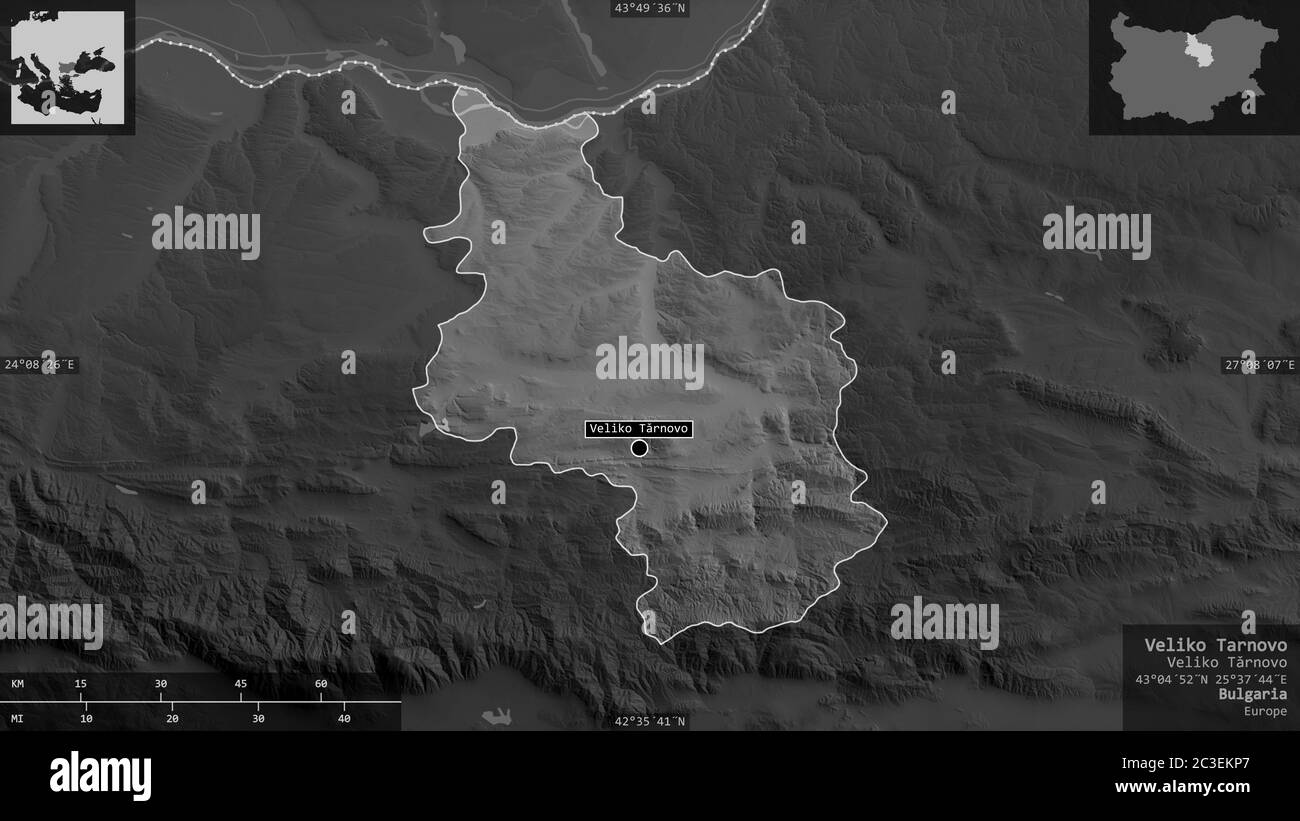 Veliko Tarnovo, province of Bulgaria. Grayscaled map with lakes and ...