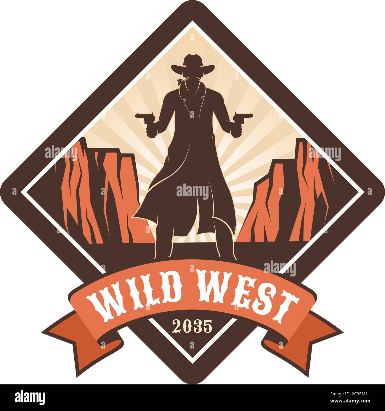 Western retro emblem - cowboy in long coat with guns Stock Vector Image ...