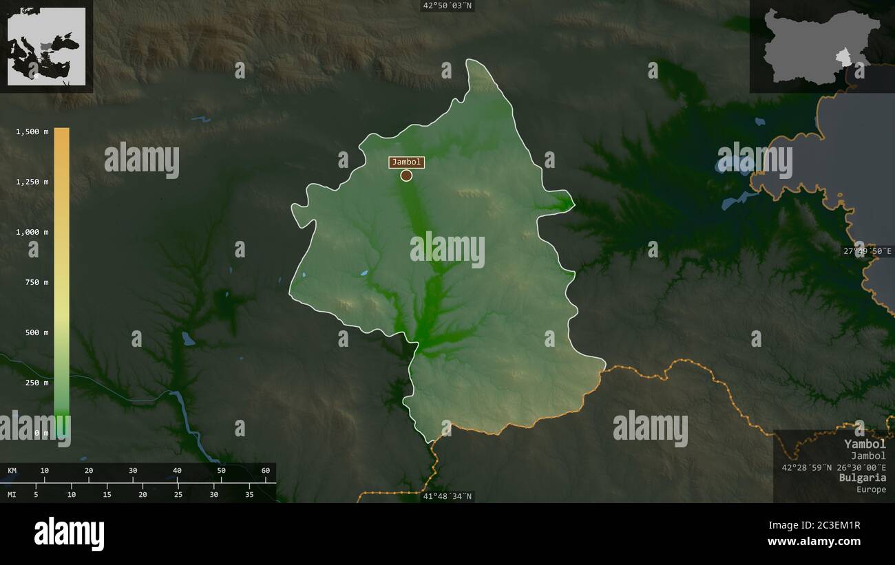 Yambol, province of Bulgaria. Colored shader data with lakes and rivers ...