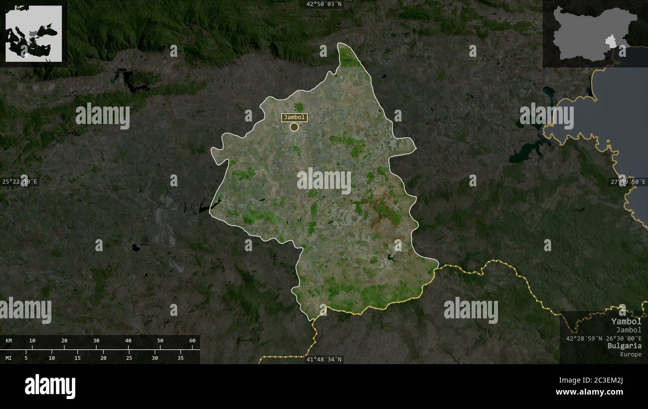 Yambol, province of Bulgaria. Satellite imagery. Shape presented ...