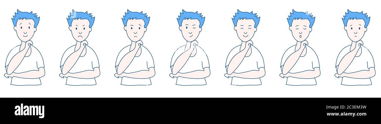 Different emotions and facial expressions. Young guy with a raised hand ...