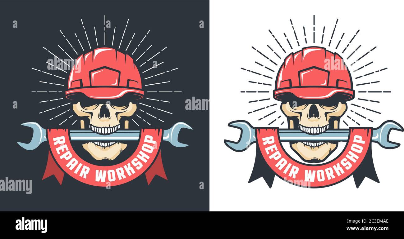 Repair workshop retro logo with skull in hardhat and wrench Stock ...