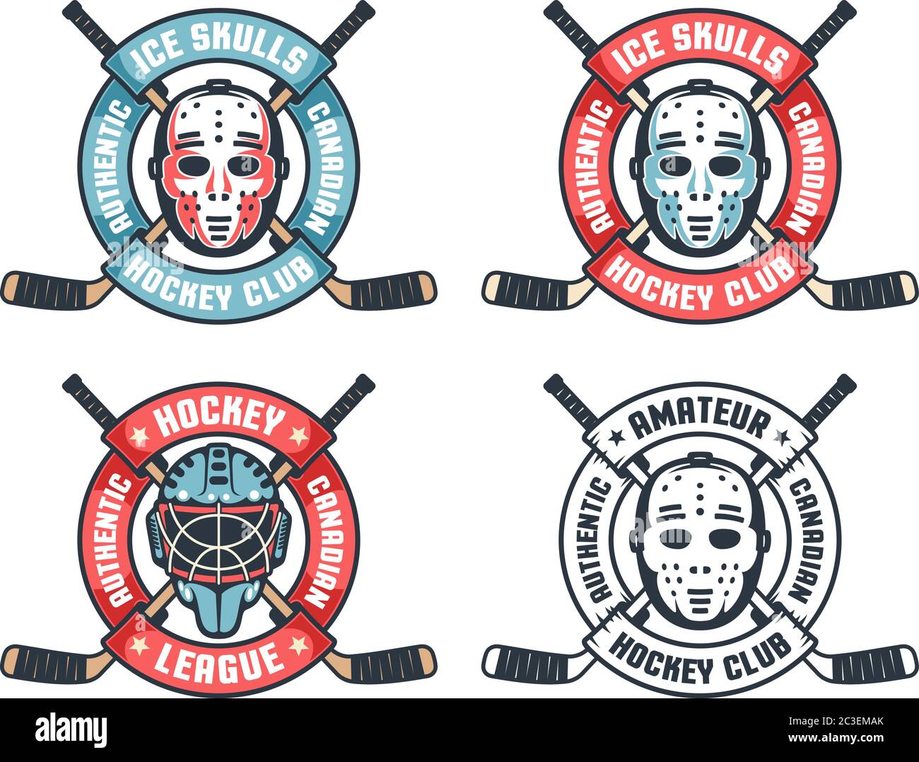 Hockey retro logo with goalie mask, crossed sticks and round ribbon ...