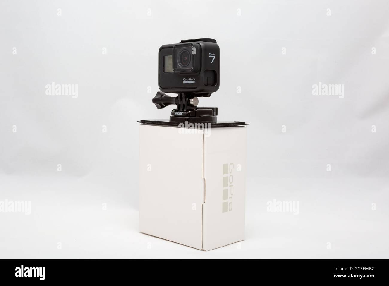 Moscow. November 2018. GoPro HERO 7 Black in original packaging front ...