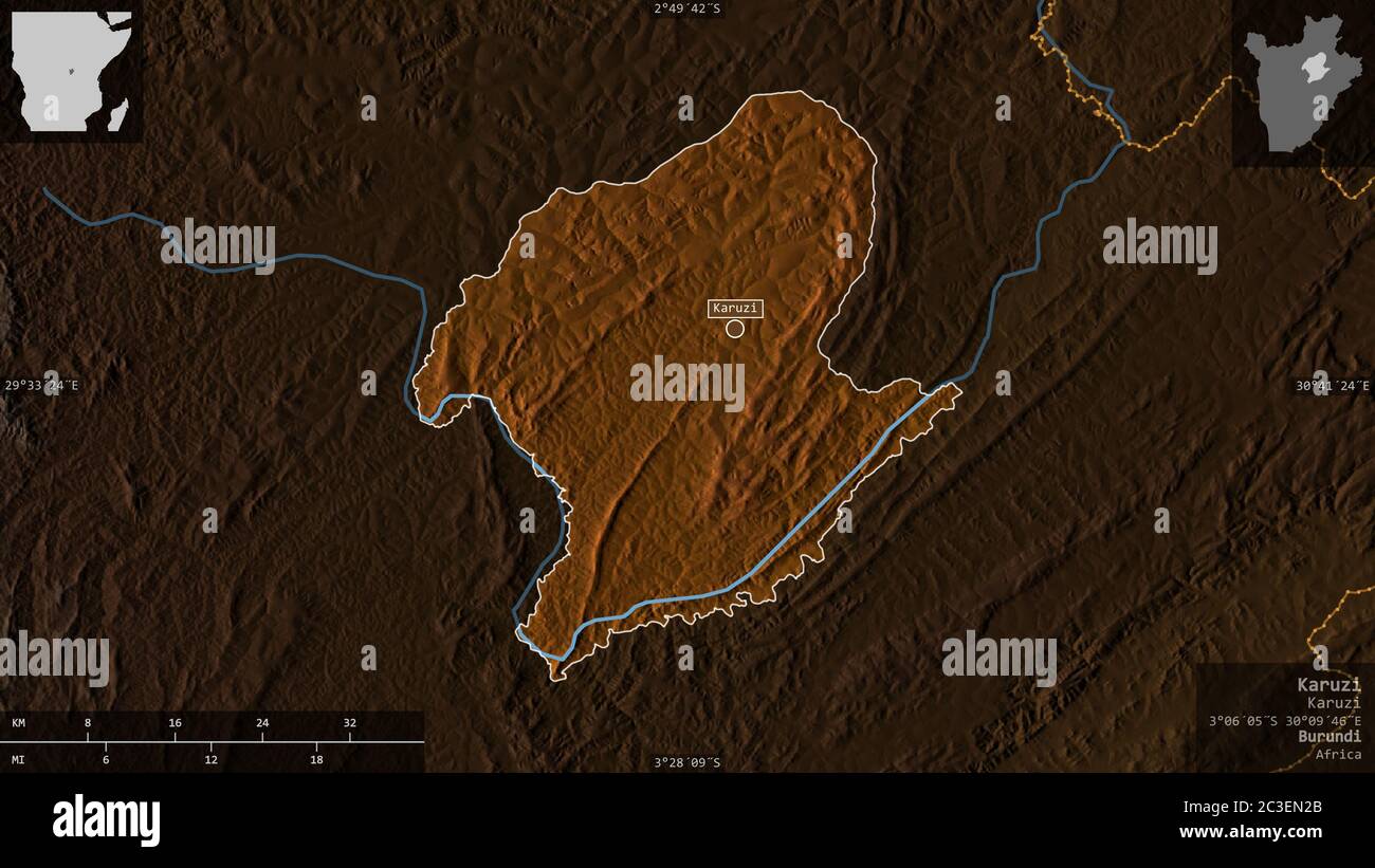 Karuzi, province of Burundi. Colored relief with lakes and rivers ...