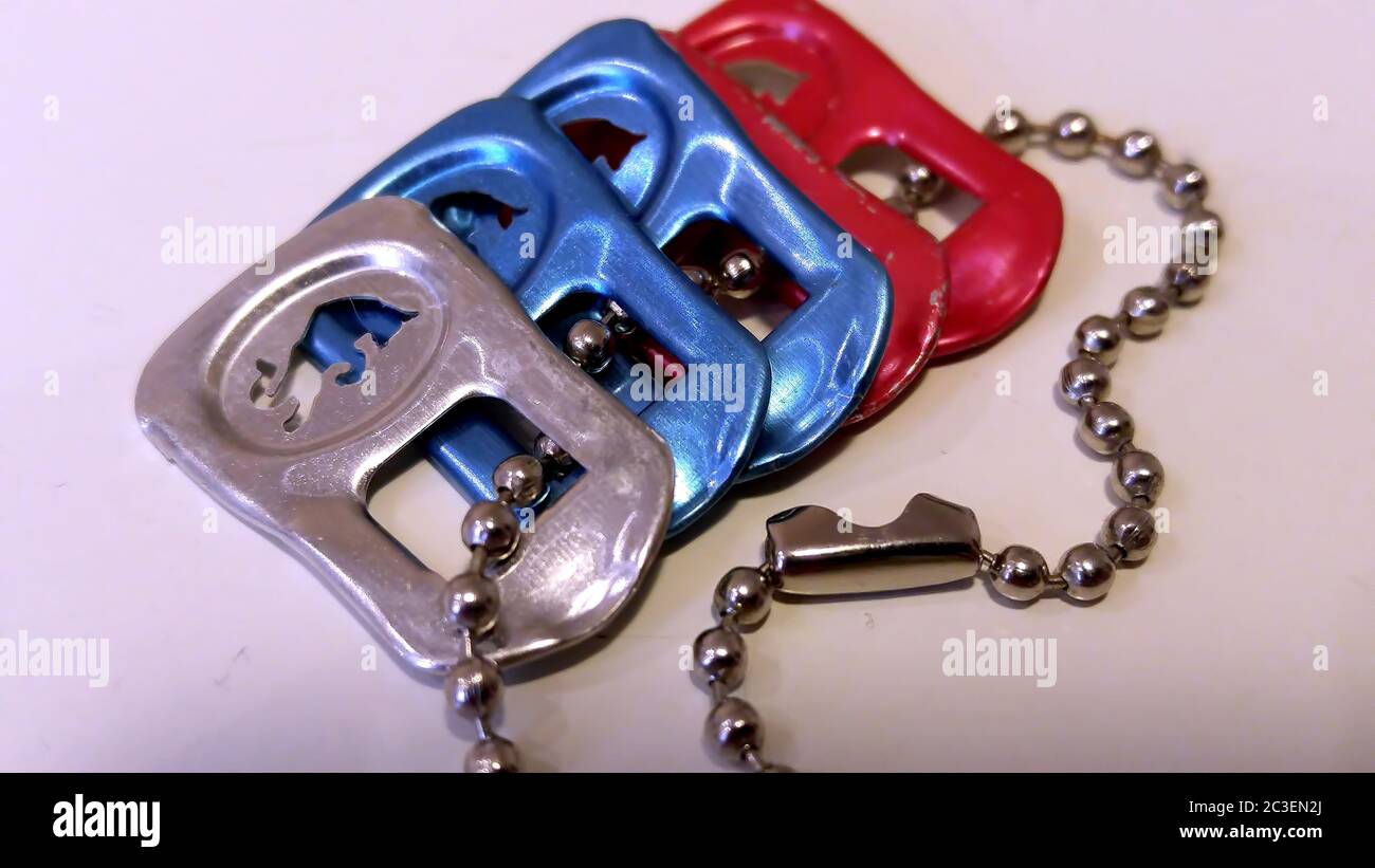 Moscow. February 2019. Colorful Red Bull can pull tabs on a chain Stock ...