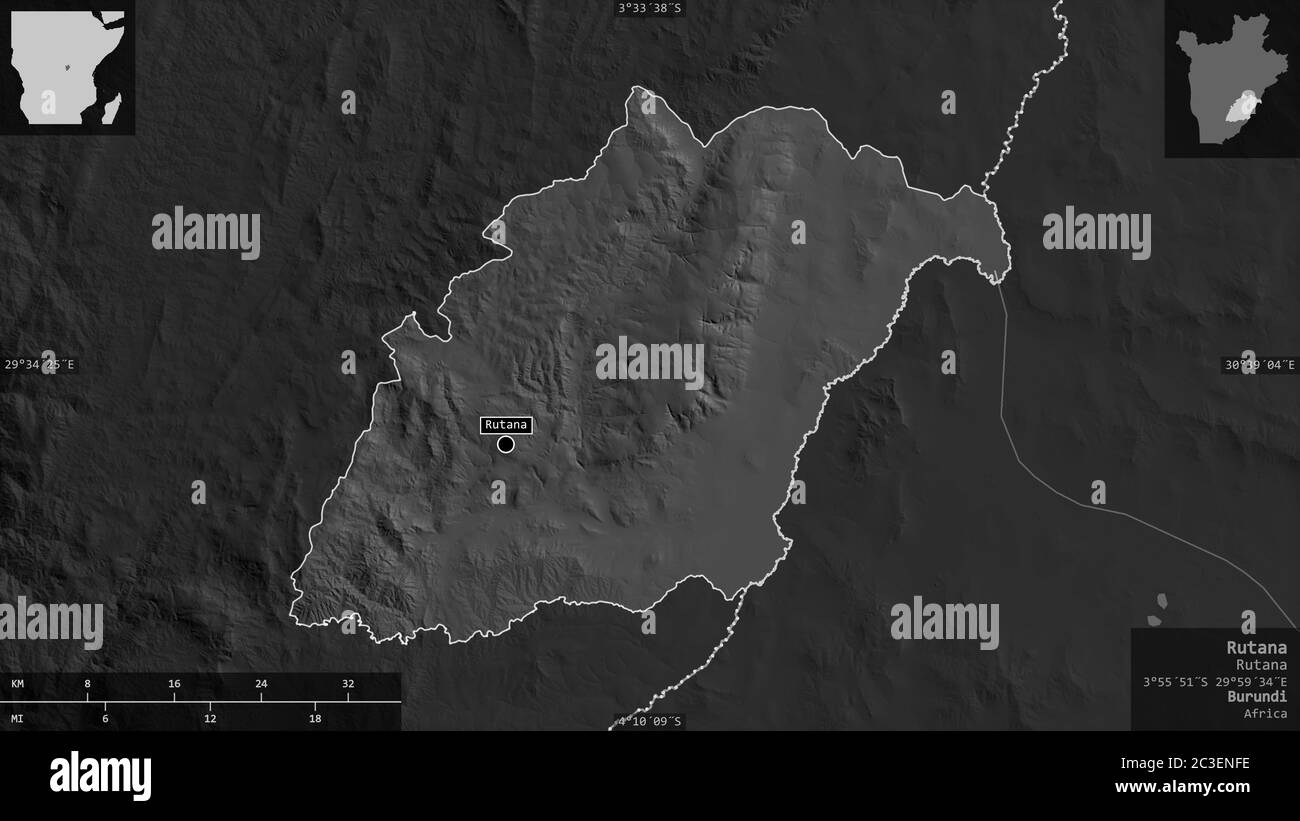 Rutana, province of Burundi. Grayscaled map with lakes and rivers ...