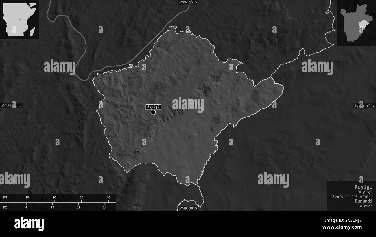 Ruyigi, province of Burundi. Grayscaled map with lakes and rivers ...