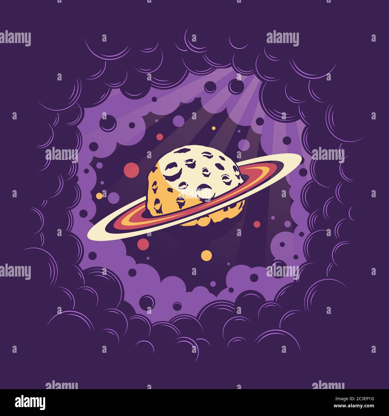 Alien planet with craters and rings in space among the nebula Stock ...