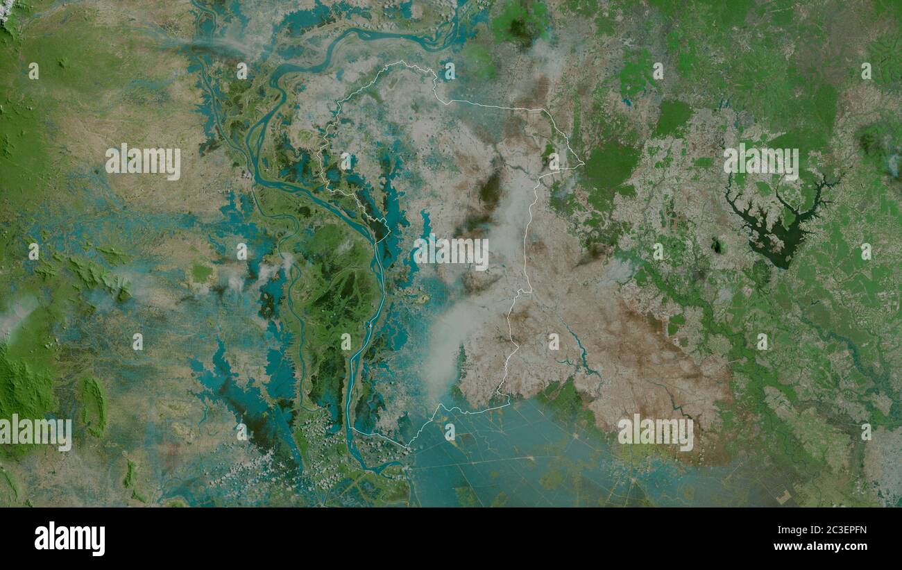 Prey Vêng, province of Cambodia. Satellite imagery. Shape outlined ...
