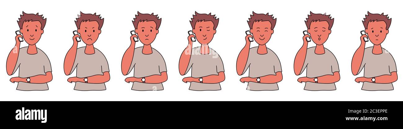 Different emotions. Ethnic man talking on the phone. Facial expressions ...