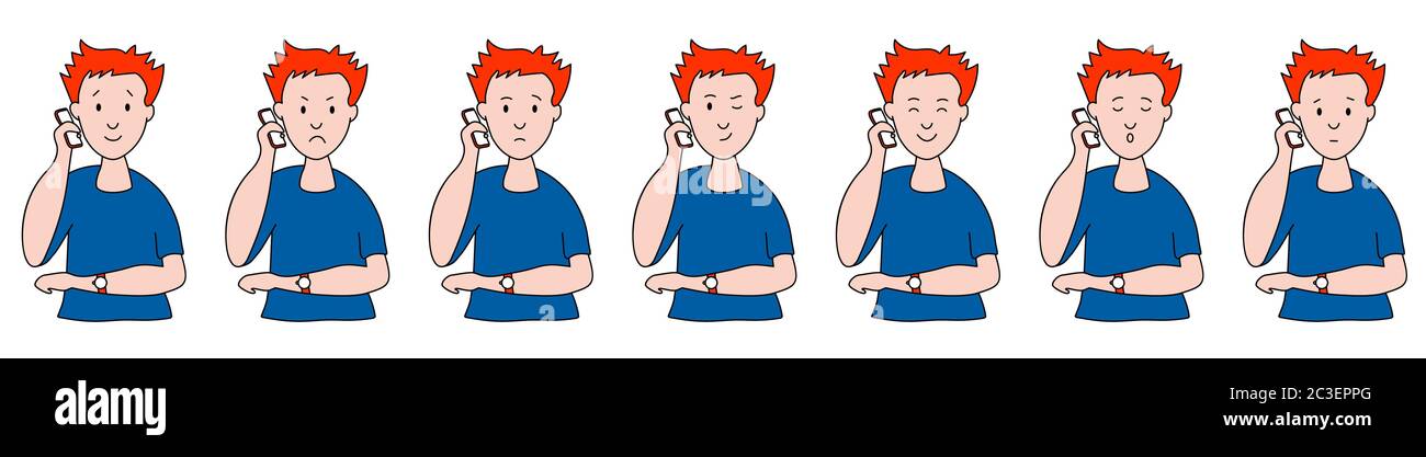 Different emotions. man talking on the phone. Facial expressions. Joy ...
