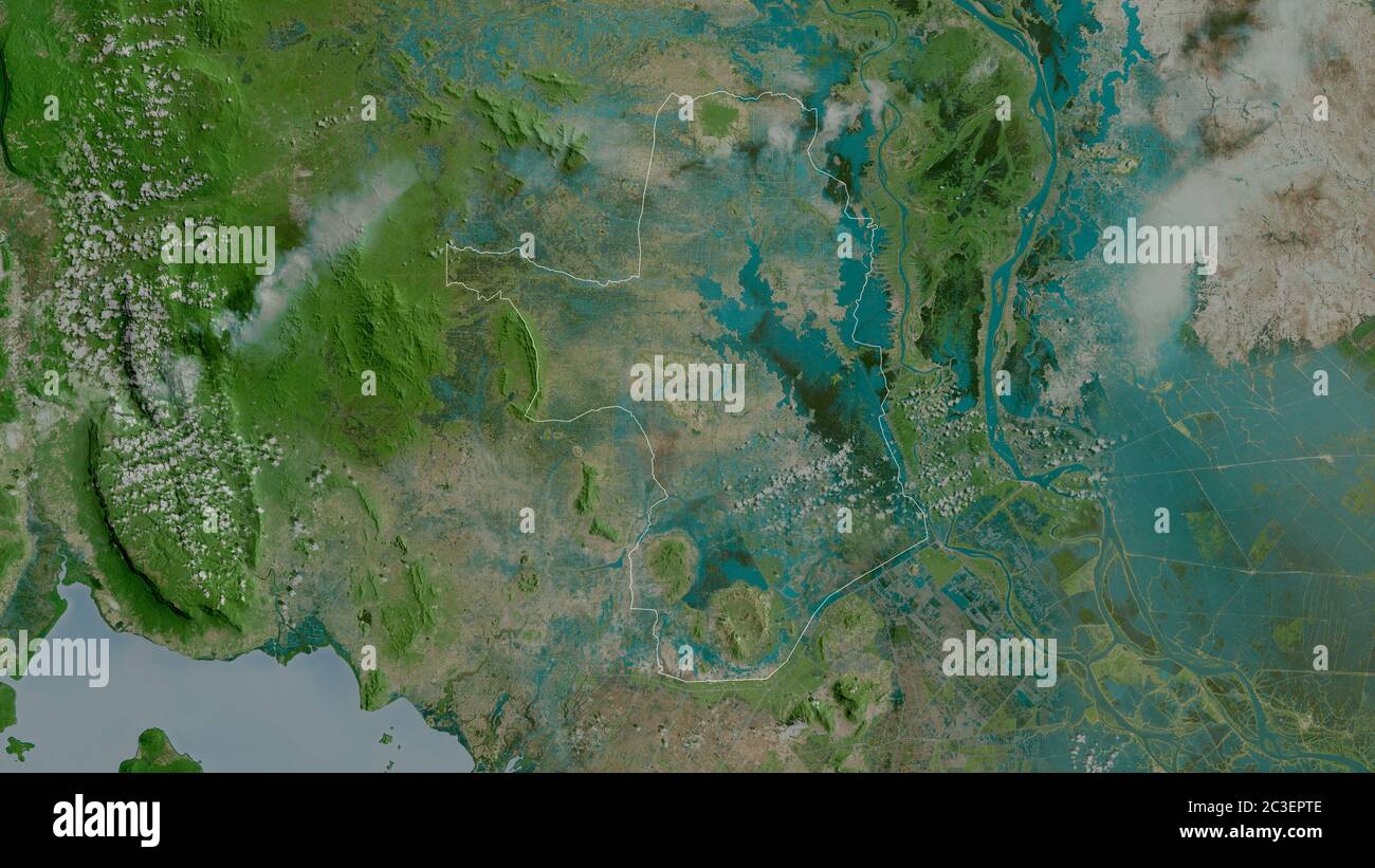 Takêv, province of Cambodia. Satellite imagery. Shape outlined against ...