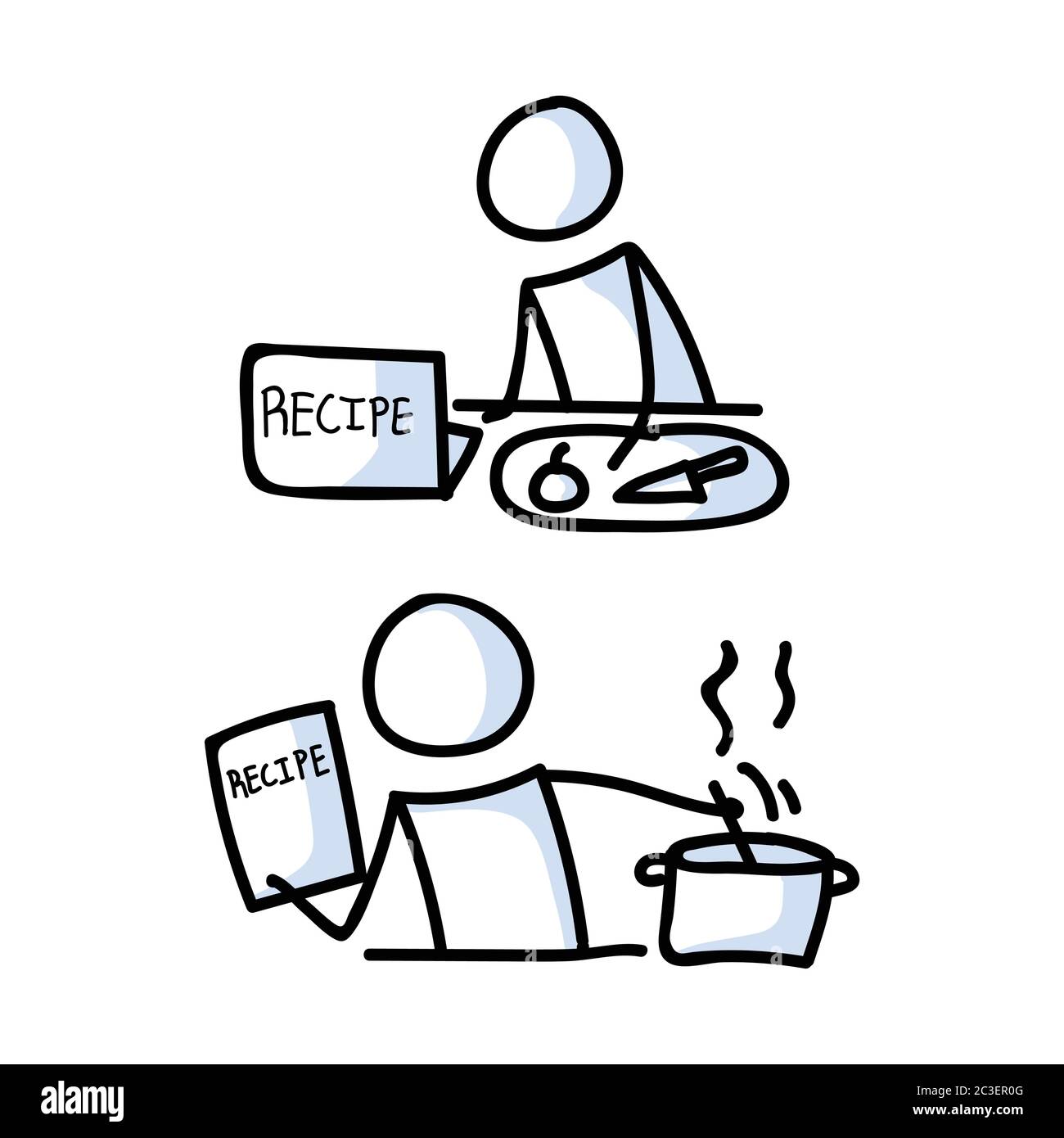 Cute two stick figure chef cooking recipe on laptop lineart icon ...