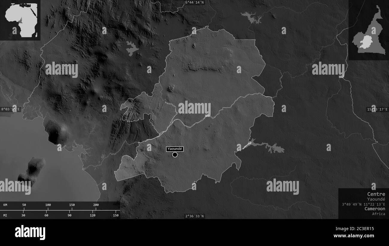 Centre, region of Cameroon. Grayscaled map with lakes and rivers. Shape ...